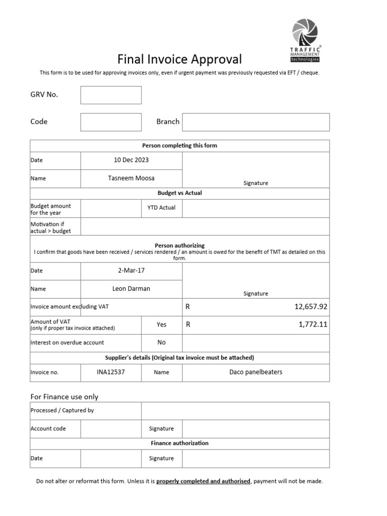 Final Invoice Approval Form | PDF | Invoice | Economies