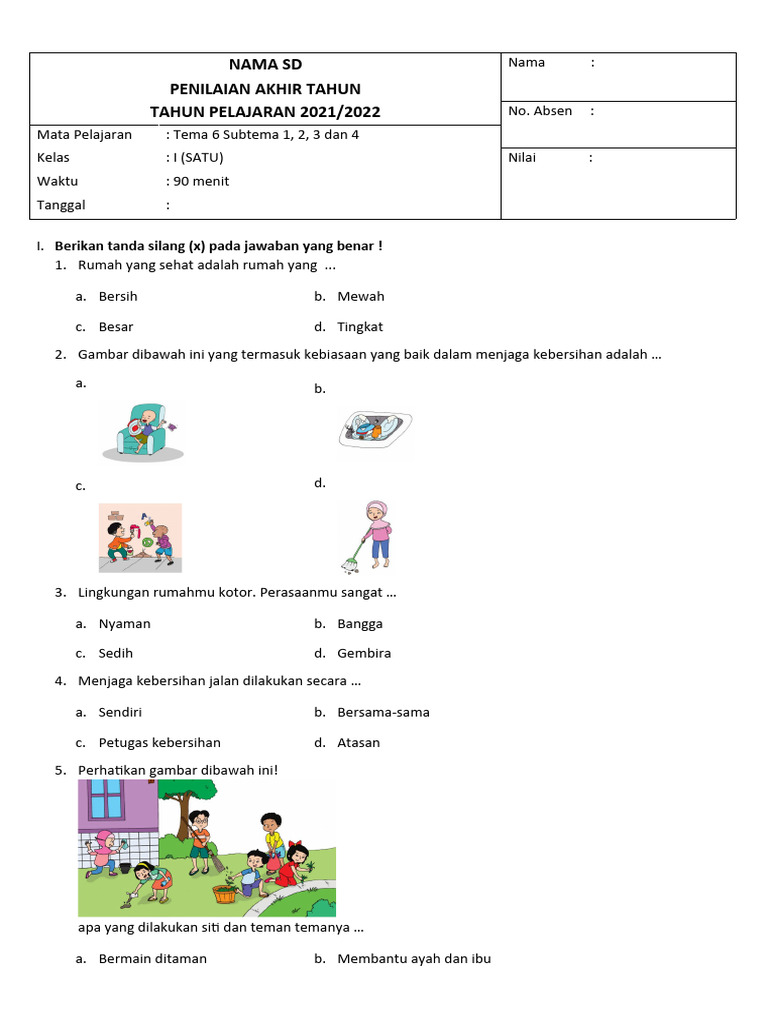 Soal PAT Kelas 1 Tema 6 Subtema 1-4 | PDF