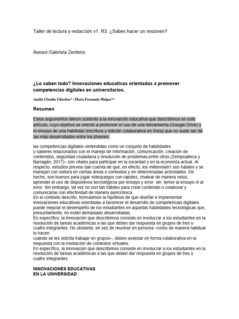 R3 U1 Taller De Lectura Y Redaccion Pdf Enseñando Aprendizaje
