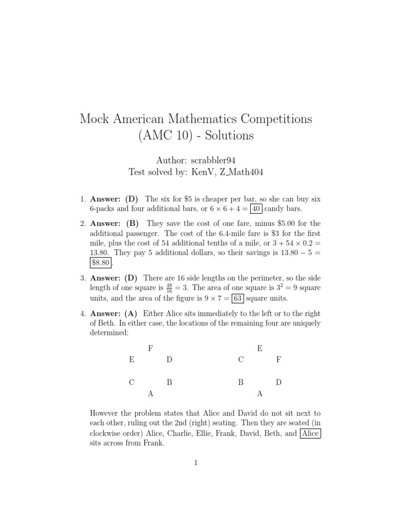 AMC 10 Math Solutions | PDF | Area | Triangle