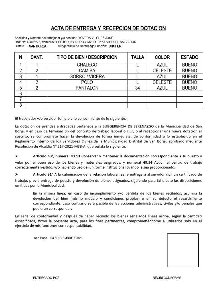 Acta Entrega Dotación Serenazgo San Borja | PDF