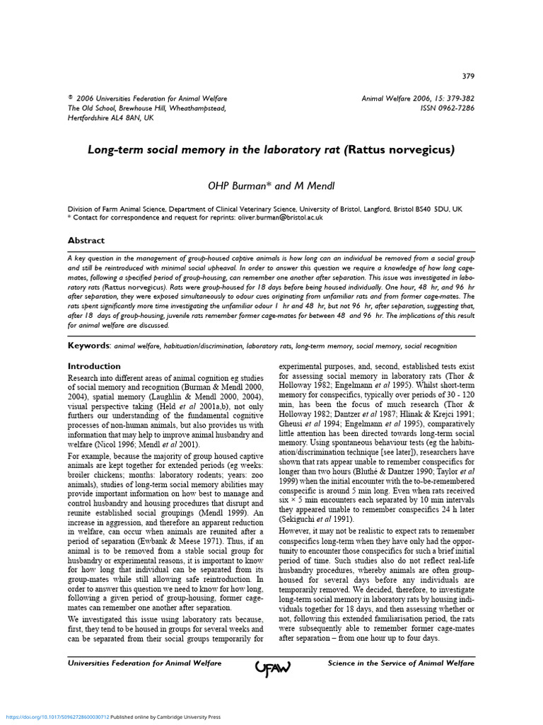 Long Term Social Memory in The Laboratory Rat Rattus Norvegicus | PDF | Memory | Odor