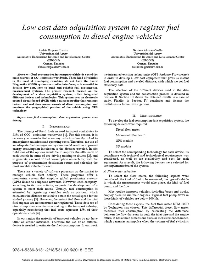 Low Cost Data Adquisition System To Register Fuel Consumption in Diesel Engine Vehicles | PDF ...