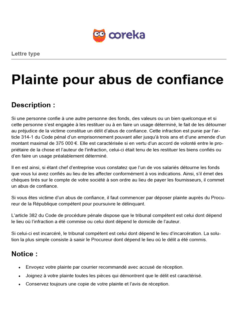 Ooreka Plainte Pour Abus de Confiance | PDF | Plainte | Justice