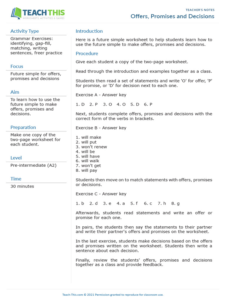Future Simple: Offers & Promises Worksheet | PDF | Linguistics