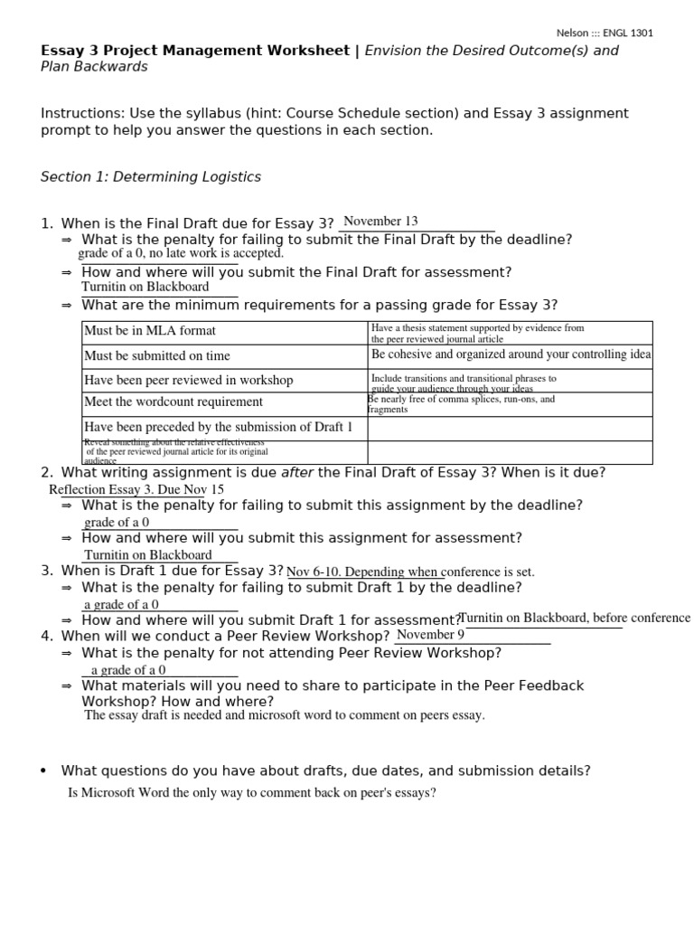 Essay 3 Project Worksheet 1301 1 | PDF | Essays | Peer Review