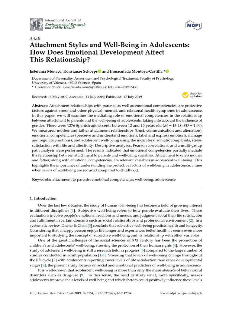 Monaco Et Al. (2019) - Attachment Styles and Well-Being in Adolescents ...
