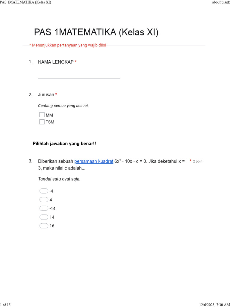 Kisi MTK Xi Pas 1 | PDF