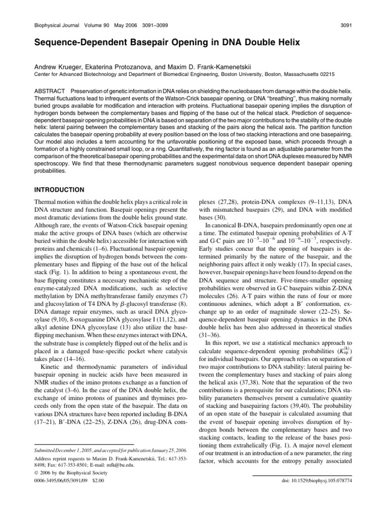 Sequence Dependent Basepair Opening In Dna Double Helix Pdf Dna