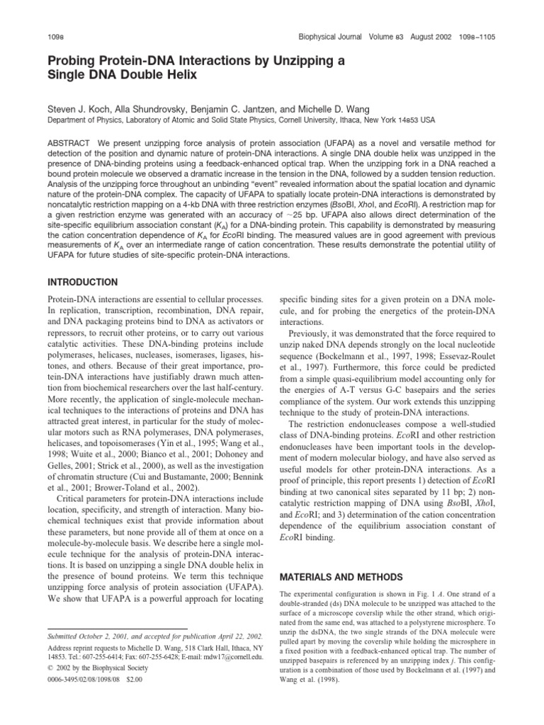 Probing Protein-DNA Interactions by Unzipping A Single DNA Double Helix ...