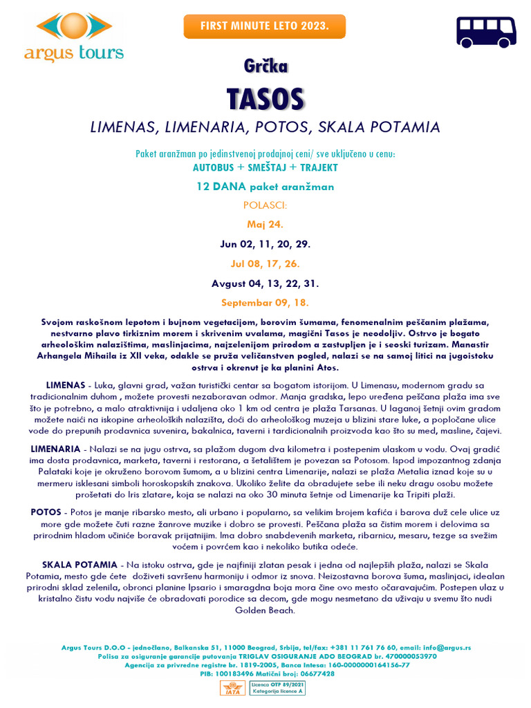 Tasos Bus Leto 2023 Program Putovanja BR 2 Sa Cenovnikom BR 34462 Od 16 ...