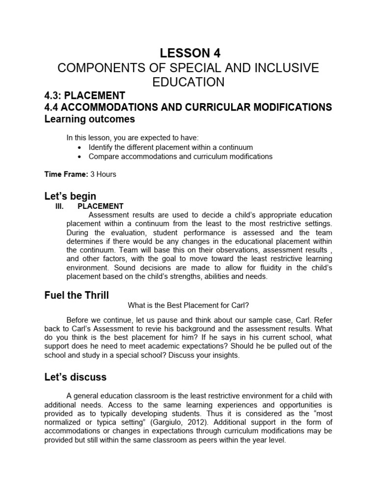 PLACEMENT | PDF | Special Education | Curriculum