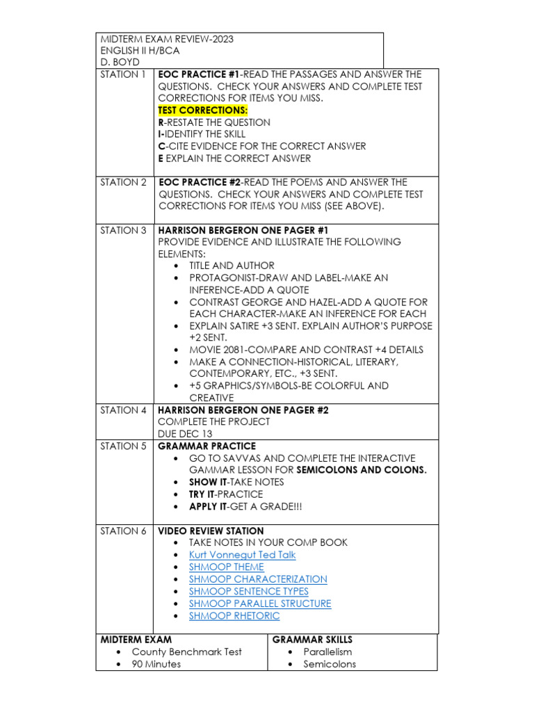 English II Midterm Prep Guide | PDF