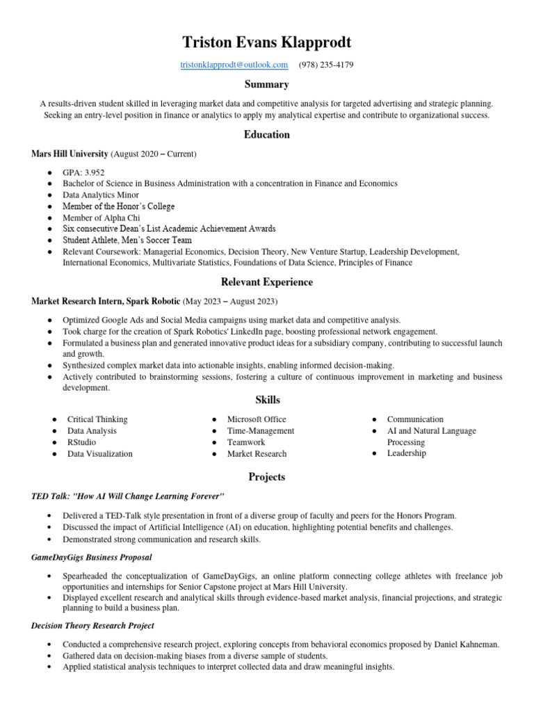 Resume - Triston Evans Klapprodt | PDF | Artificial Intelligence ...