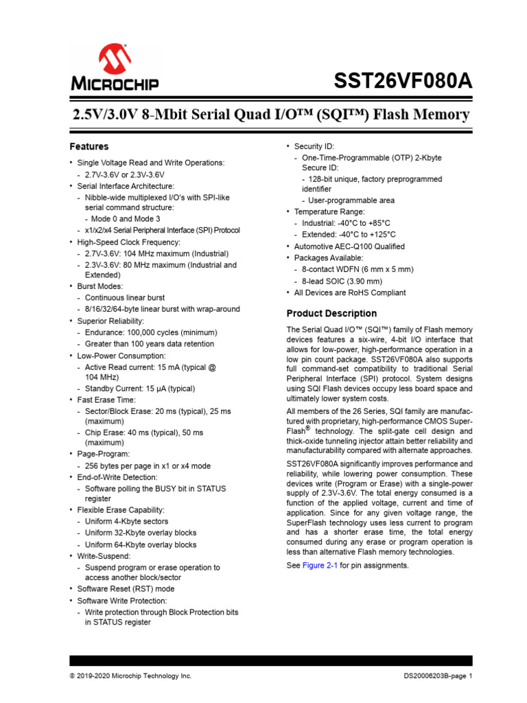SST26VF080A: 2.5V/3.0V 8-Mbit Serial Quad I/O™ (SQI™) Flash Memory | PDF | Flash Memory | Input ...