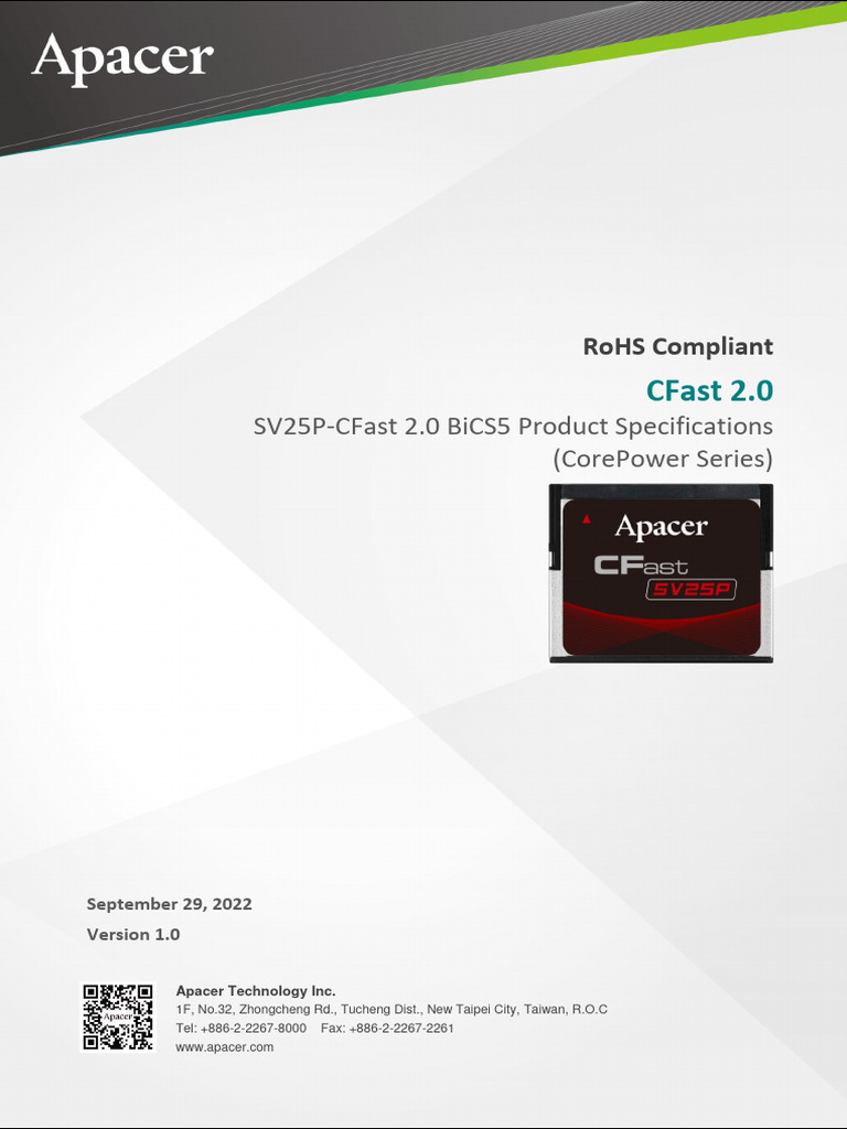Apacer SV25P CFast BiCS5 AA2 P15XXX XXXXX Spec v1 - 3106783 | PDF | Flash Memory | Solid State Drive