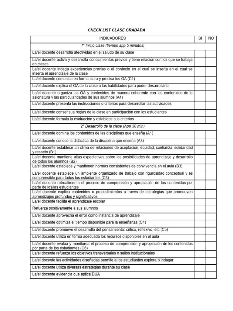 Checklist para Evaluación de Clase Grabada | PDF | Aprendizaje | Evaluación