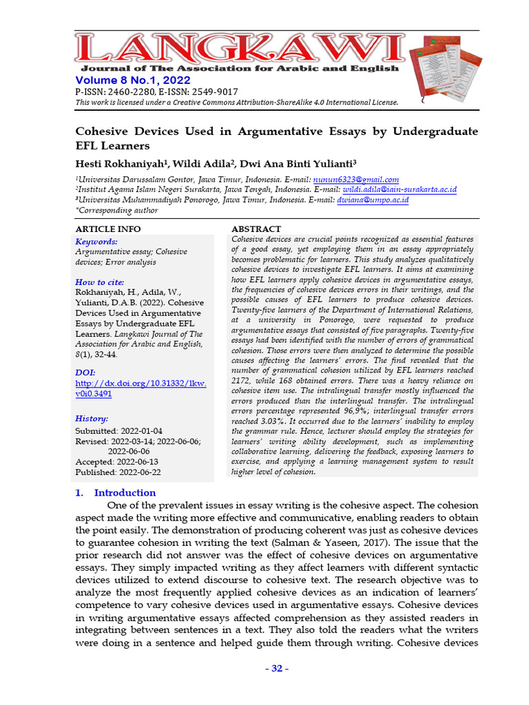 Cohesive Devices Used in Argumentative Essays by Undergraduate EFL Learners | PDF | Second ...