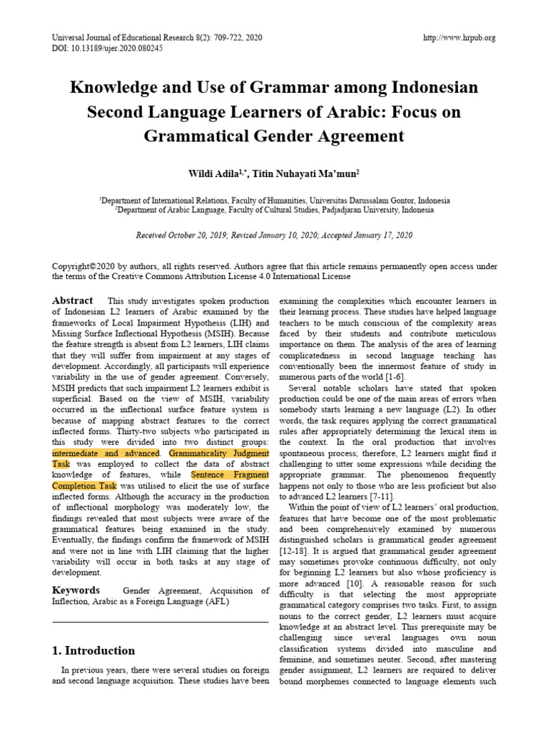 Knowledge And Use Of Grammar Among Indonesian Second Language Learners Of Arabic Focus On