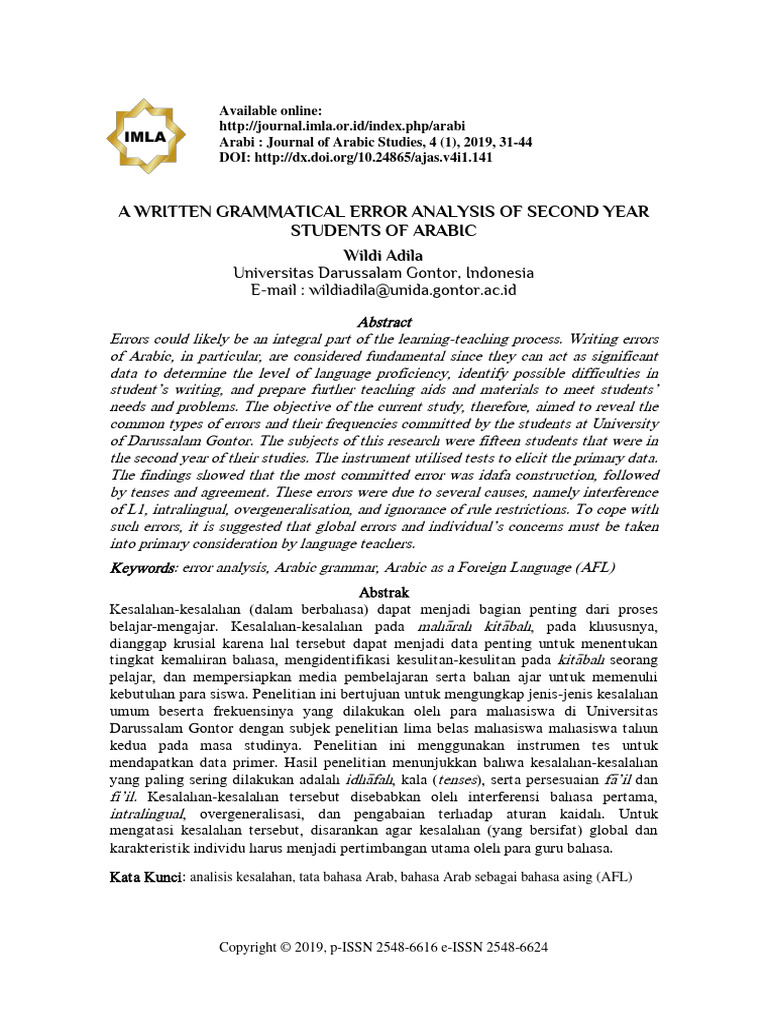 A Written Grammatical Error Analysis of Second Year Students of Arabic | PDF | Second Language ...