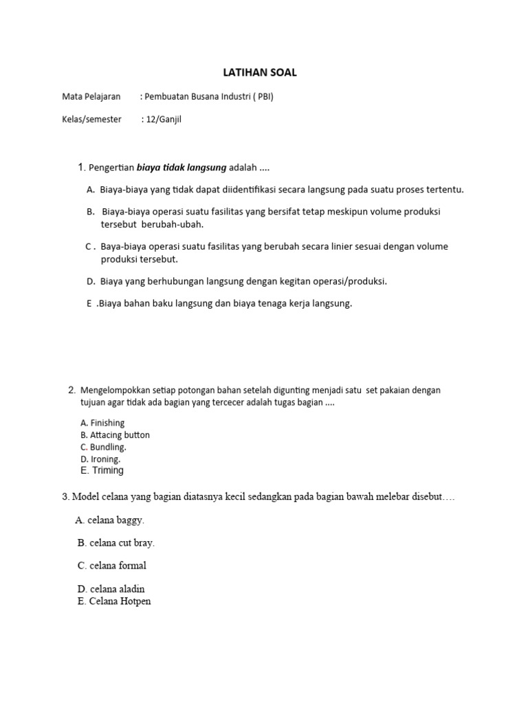 Latihan Soal Pembuatan Busana Kelas 12 Pdf