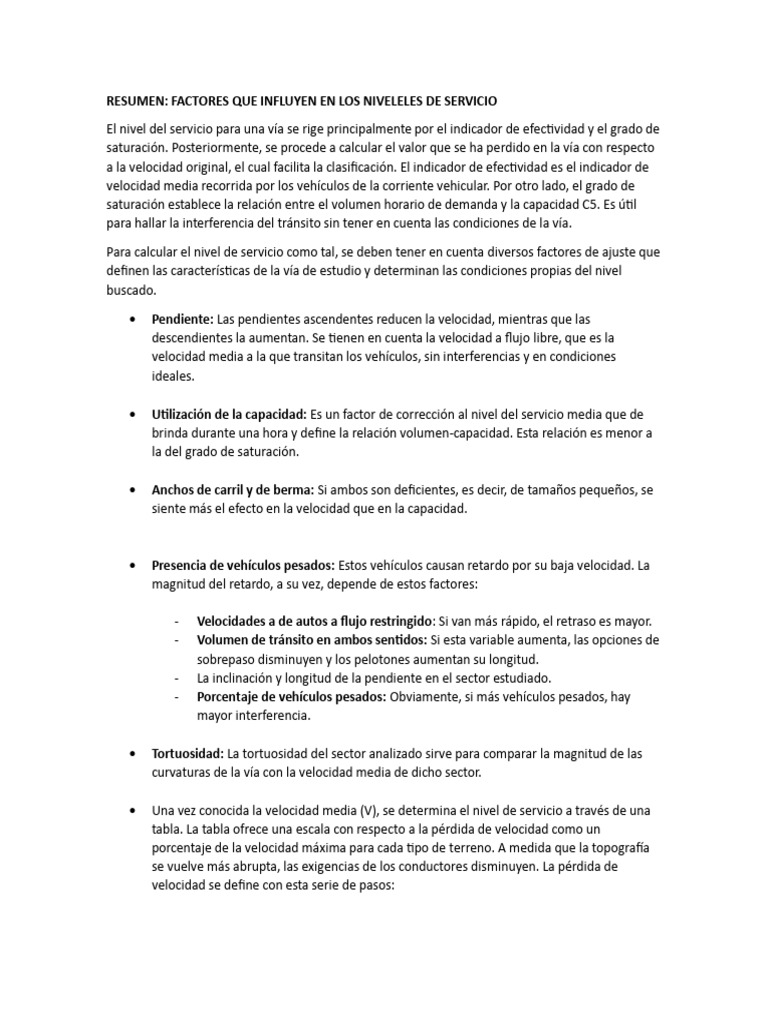 RESUMEN DETERMINACIÓN DE LOS NIVELES DE SERVICIO | PDF | Velocidad | Camión