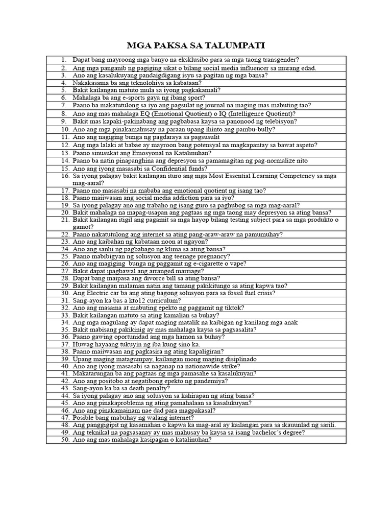 Mga Paksa Sa Talumpati | PDF