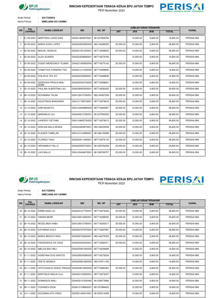 Rincian Kepesertaan Tenaga Kerja Bpu Jatuh Tempo: PER November 2023 | PDF