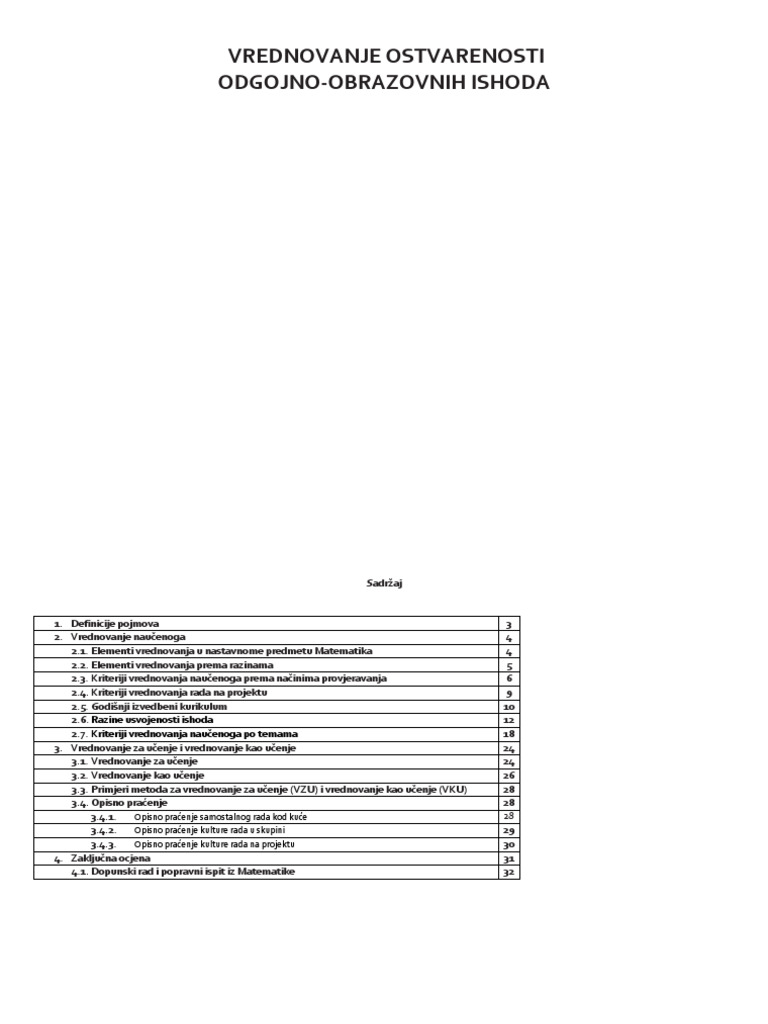 Kriteriji Vrednovanja 5. Matematika | PDF