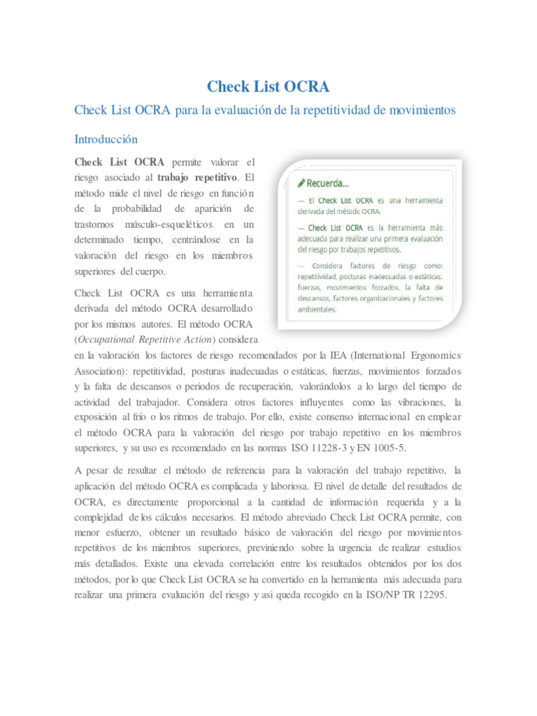 Check List Ocra | Descargar gratis PDF | Fuerza | Ecuaciones