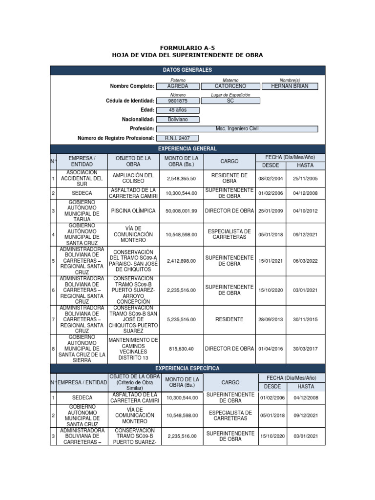 Formulario A-5 - Hoja de Vida Del Superintendente, Residente y Especialistas | PDF | Bolivia ...