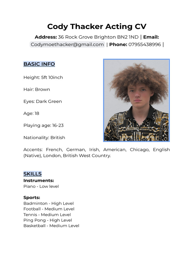 Acting CV - Cody Thacker | PDF