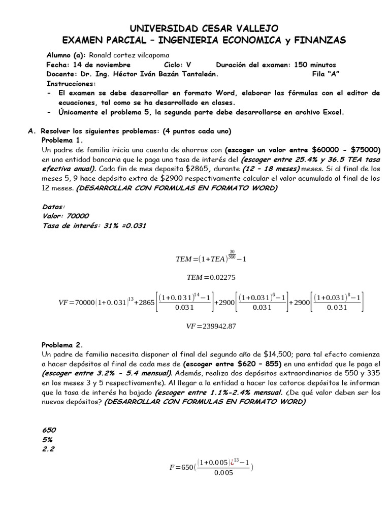 Examen Parcial de Ingenieria | PDF | Inversiones | Dinero