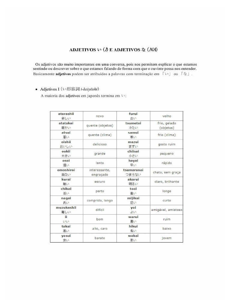 Adjetivos I Adjetivos Na Pdf