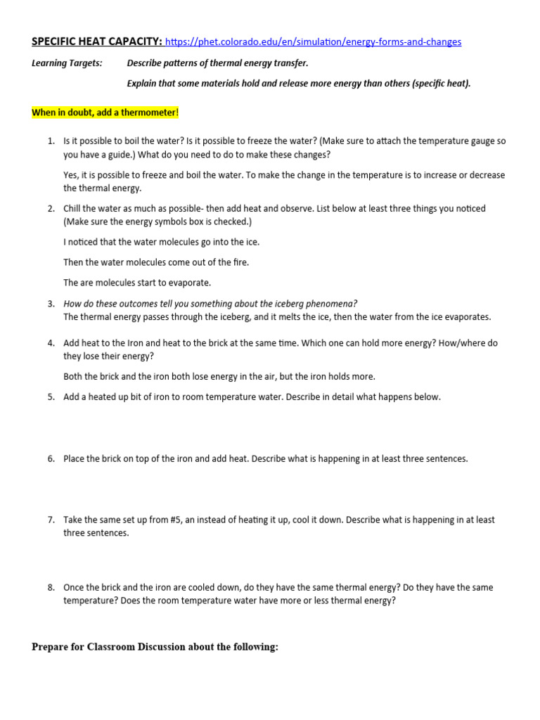 Specific Heat Capacity - Phet | PDF