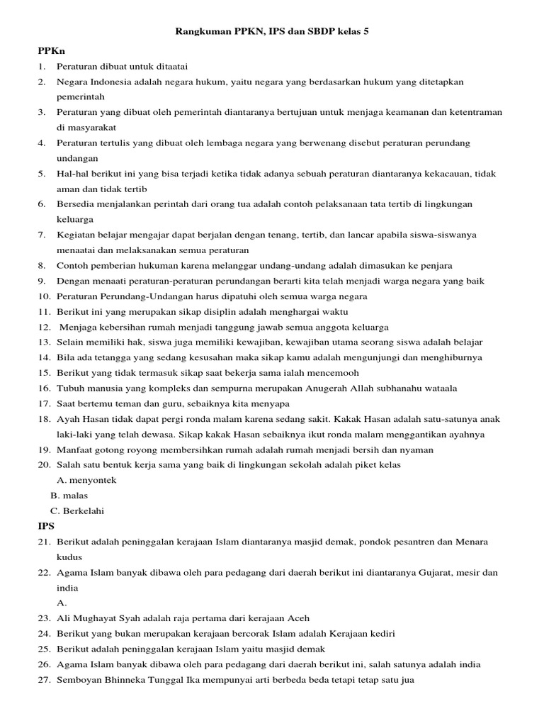 Rangkuman IPS, PPKN Dan SBDP Kelas 5 | PDF