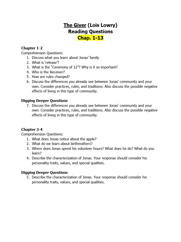 The Giver: Chapters 1-13 Questions | PDF | The Giver | Cognition