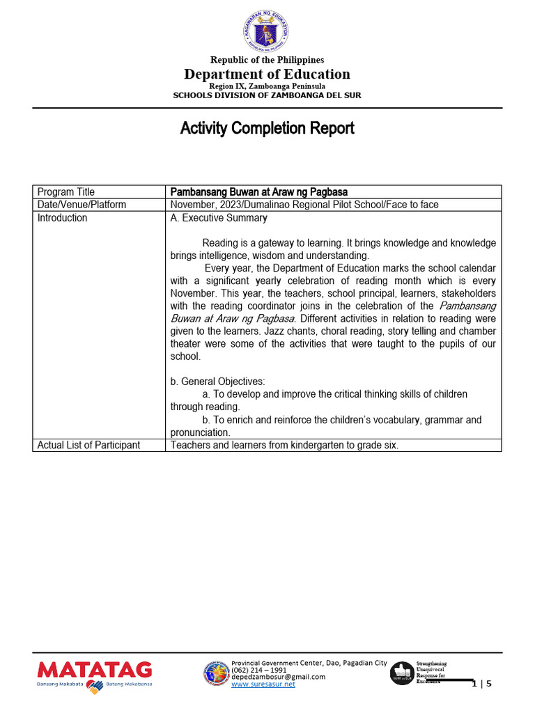 Dumalinao RPS-Completion-Report-PBAP | PDF | Cognitive Science | Human ...