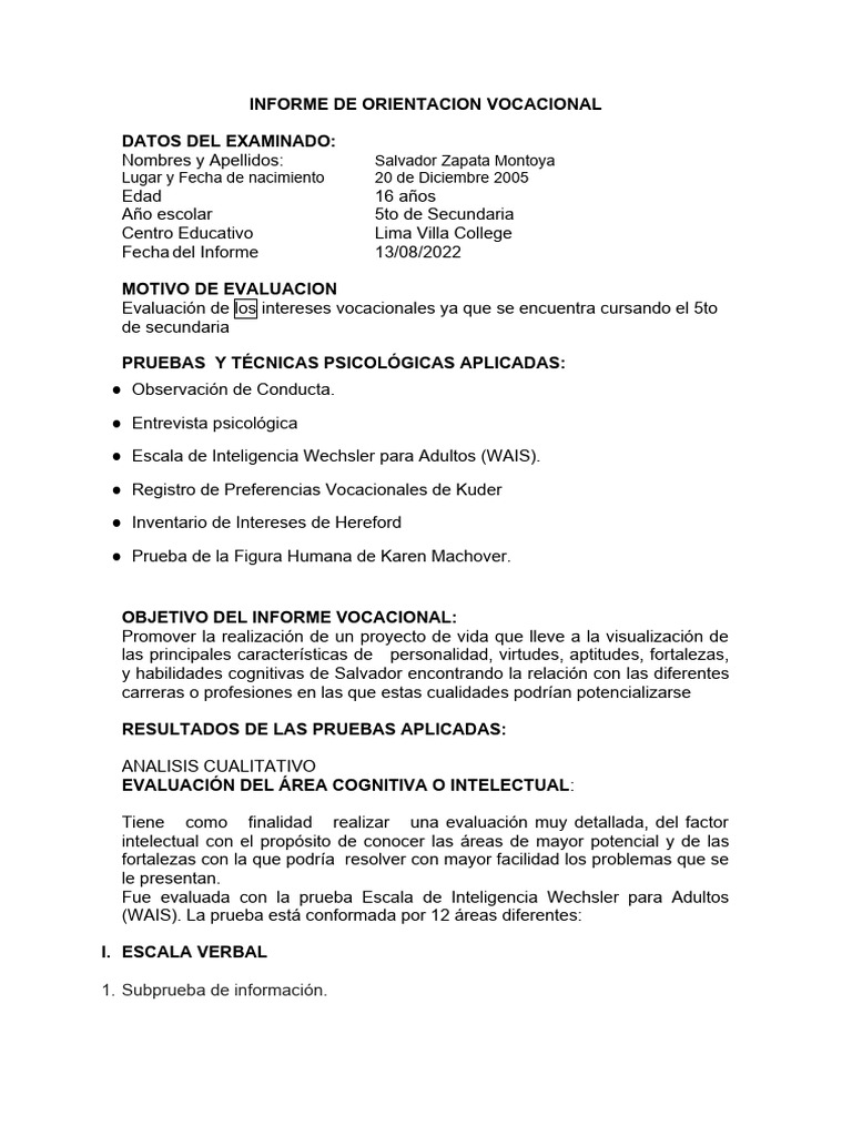 Informe de Orientación Vocacional Modelo | Descargar gratis PDF | Escala de inteligencia para ...