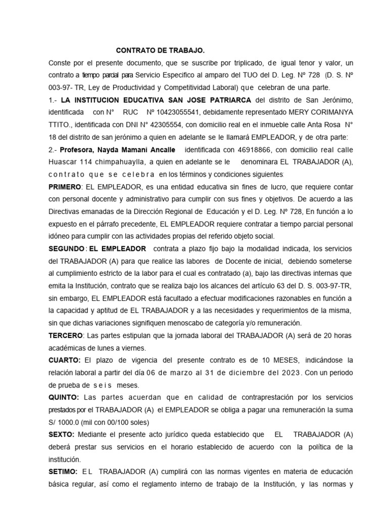 Contrato de Trabajo | PDF | Derecho laboral | Economias
