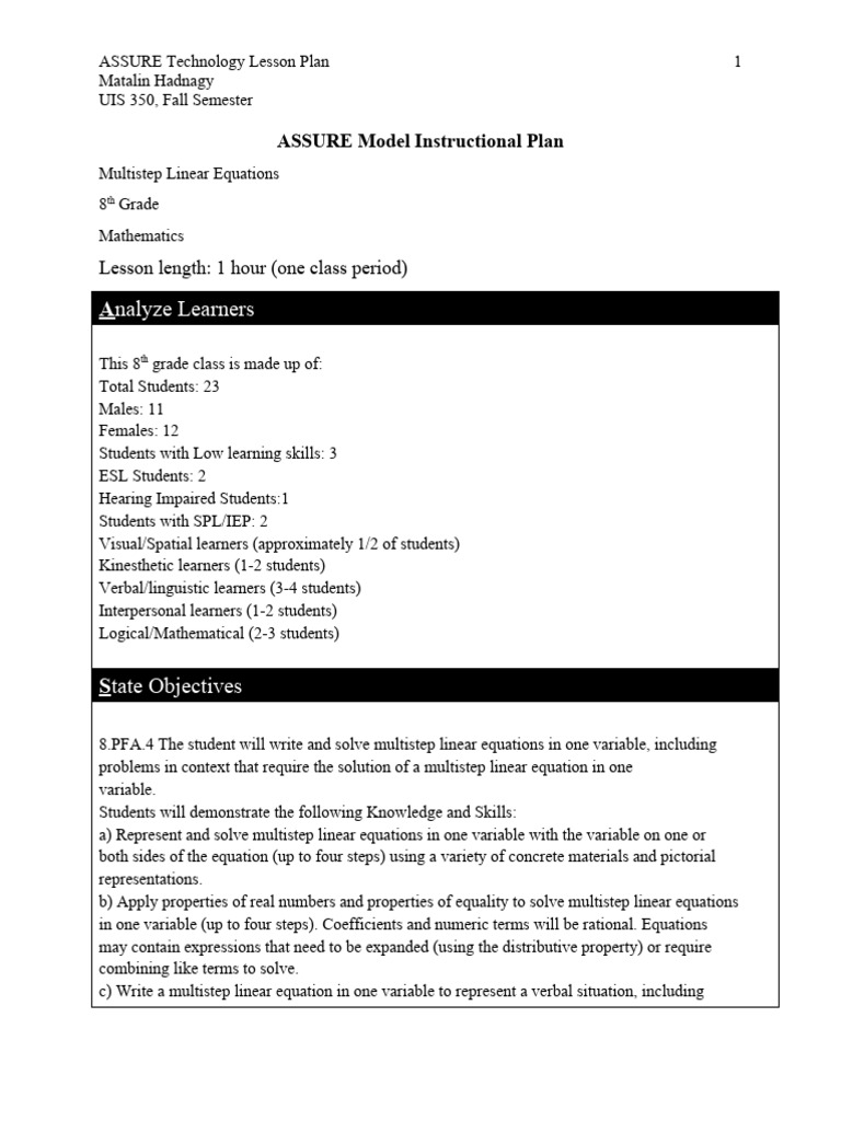 8th Grade Multistep Equations Lesson Plan | PDF | Equations | System Of ...