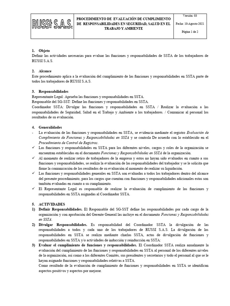 Procedimiento de Evaluación de Cumplimiento de Responsabilidades de SSTA - Russi SAS | PDF