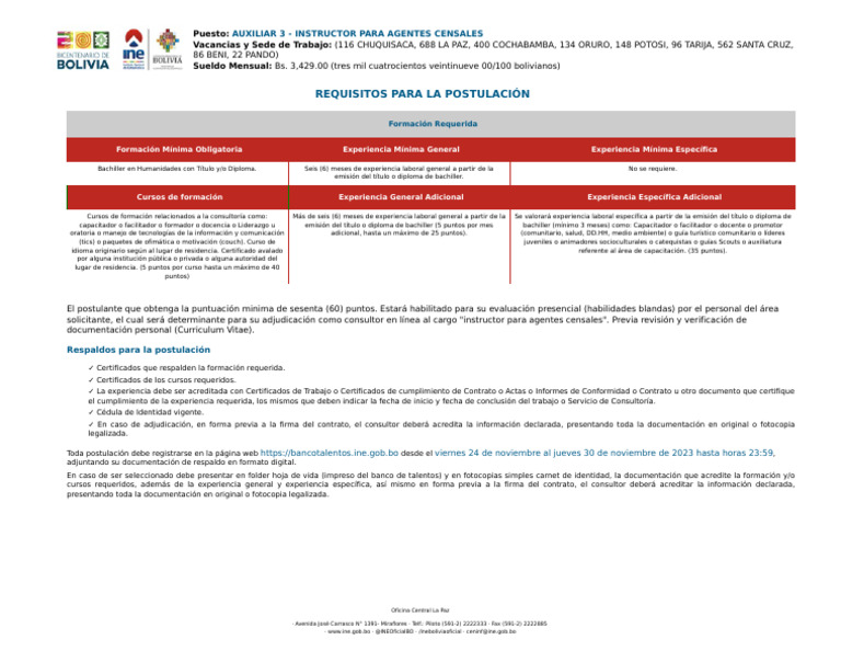 Convocatoria INE: Instructor Agentes Censales | PDF