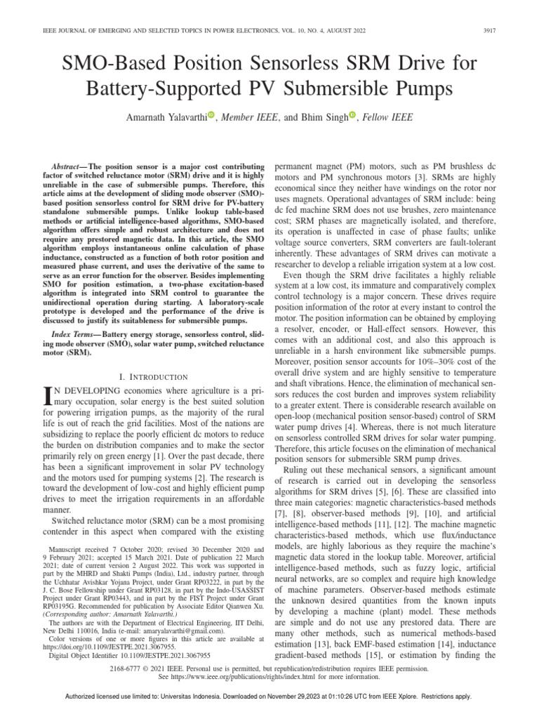 SMO-Based Position Sensorless SRM Drive For Battery-Supported PV ...