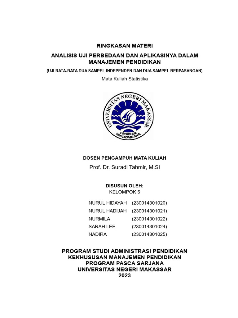 Kelompok 5 - Analisis Uji Perbedaan ( Uji rata-rata dua sampel ...