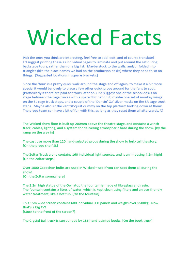 Wicked Facts For Backstage Tour | PDF | Art