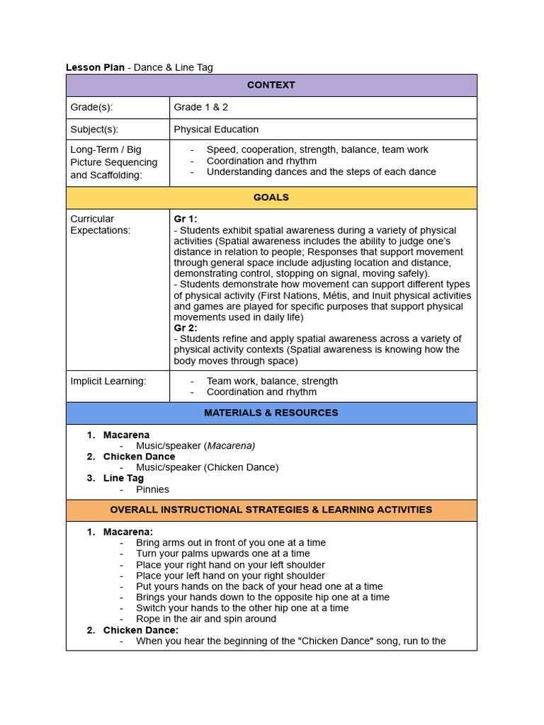 Lesson Plan - Dance Line Tag | PDF