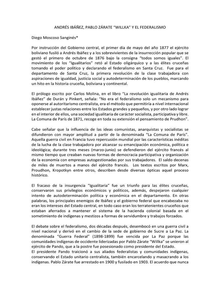 Andres Ibanez Pablo Zarate Willka y El Federalismo | PDF | Teorías ...