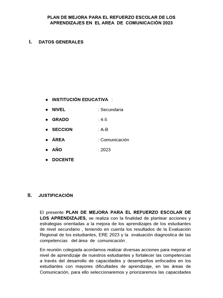 Plan De Mejora Para El Refuerzo Escolar De Los Aprendizajes I Pdf