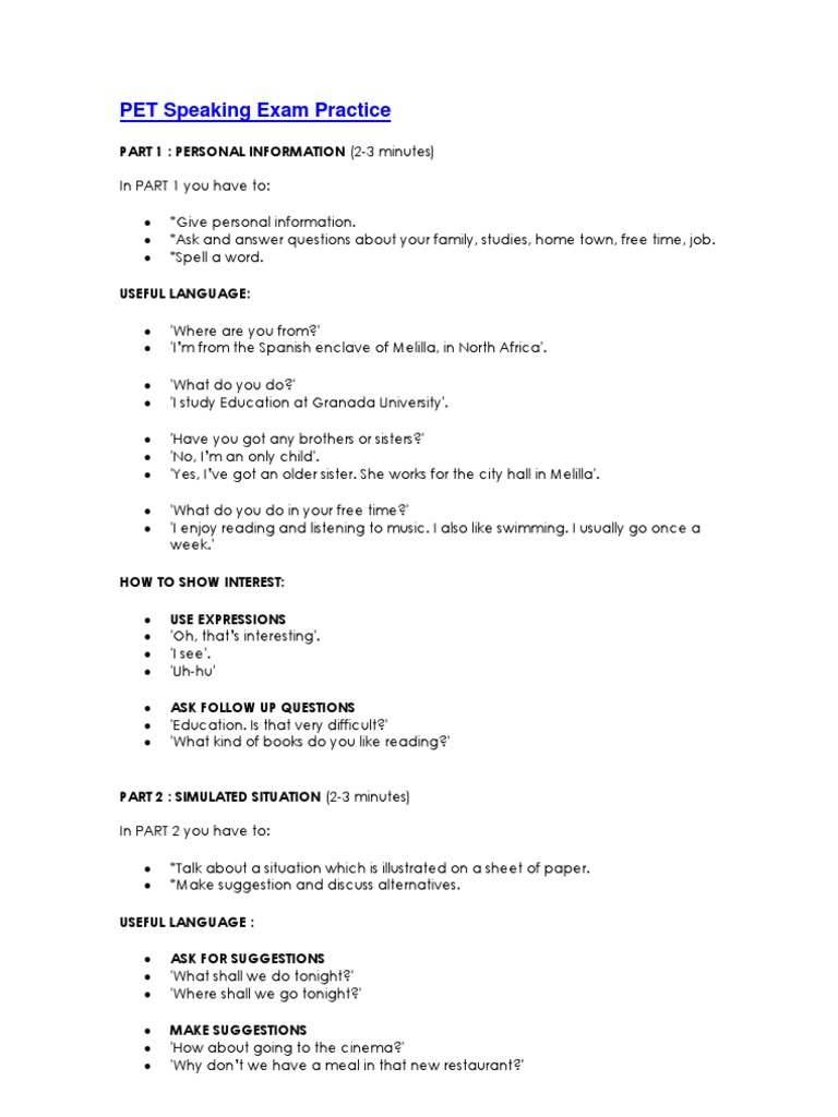 PET Speaking Exam Guide | PDF | Language Arts & Discipline | Home & Garden